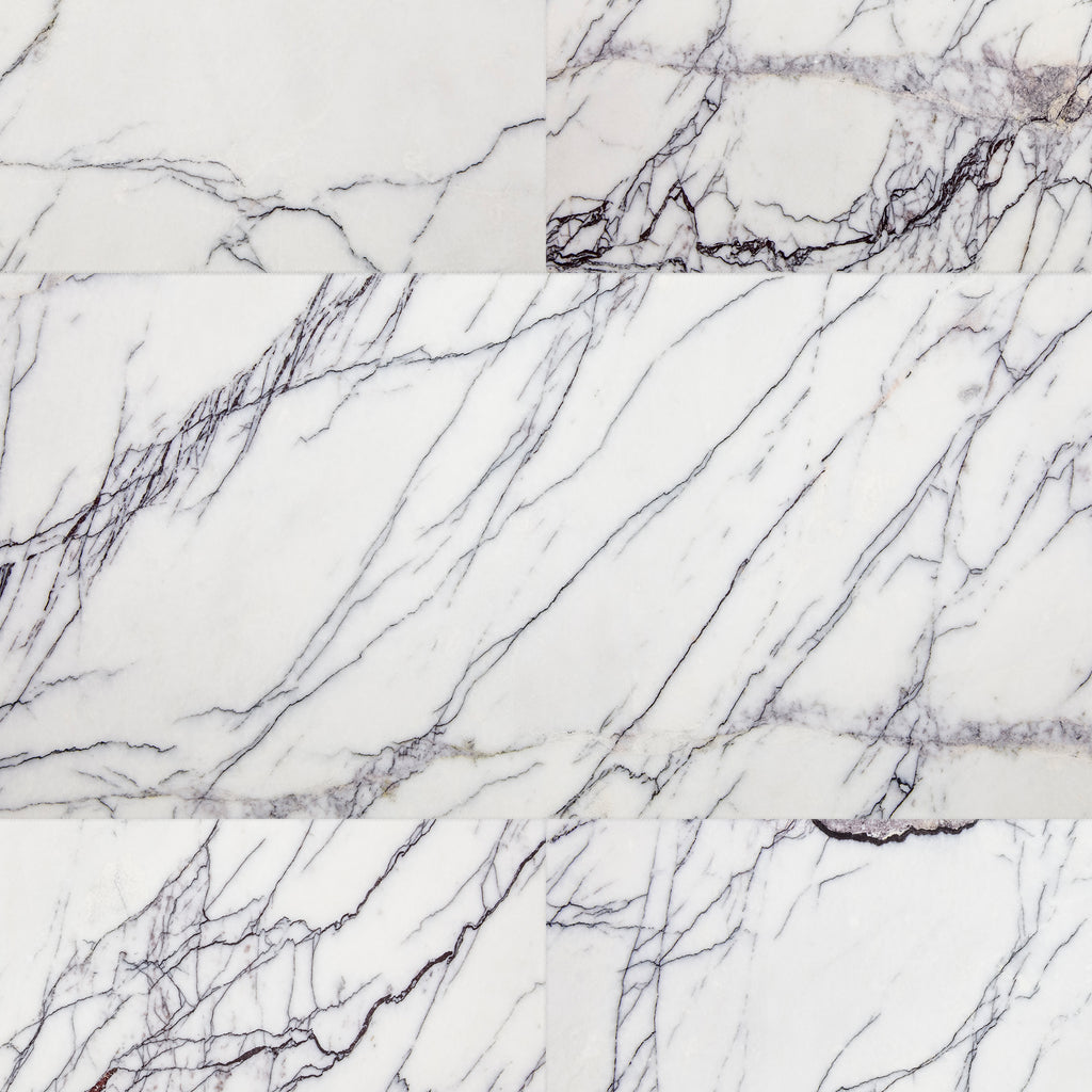 Lilac Marble – Bold Plum Veins on Clean White Stone – Artistic Tile