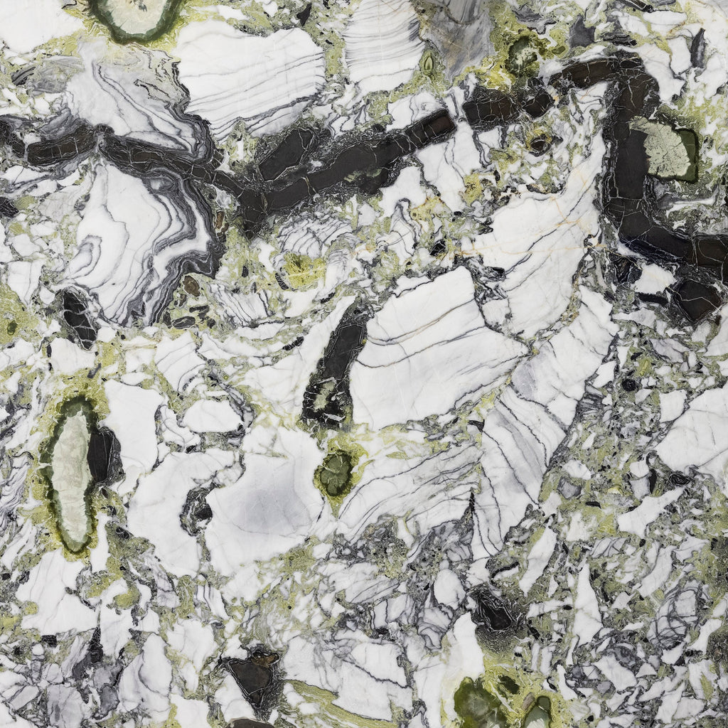 White Jade Marble Slab – Bold Veins, Green & Silver Hues – Artistic Tile